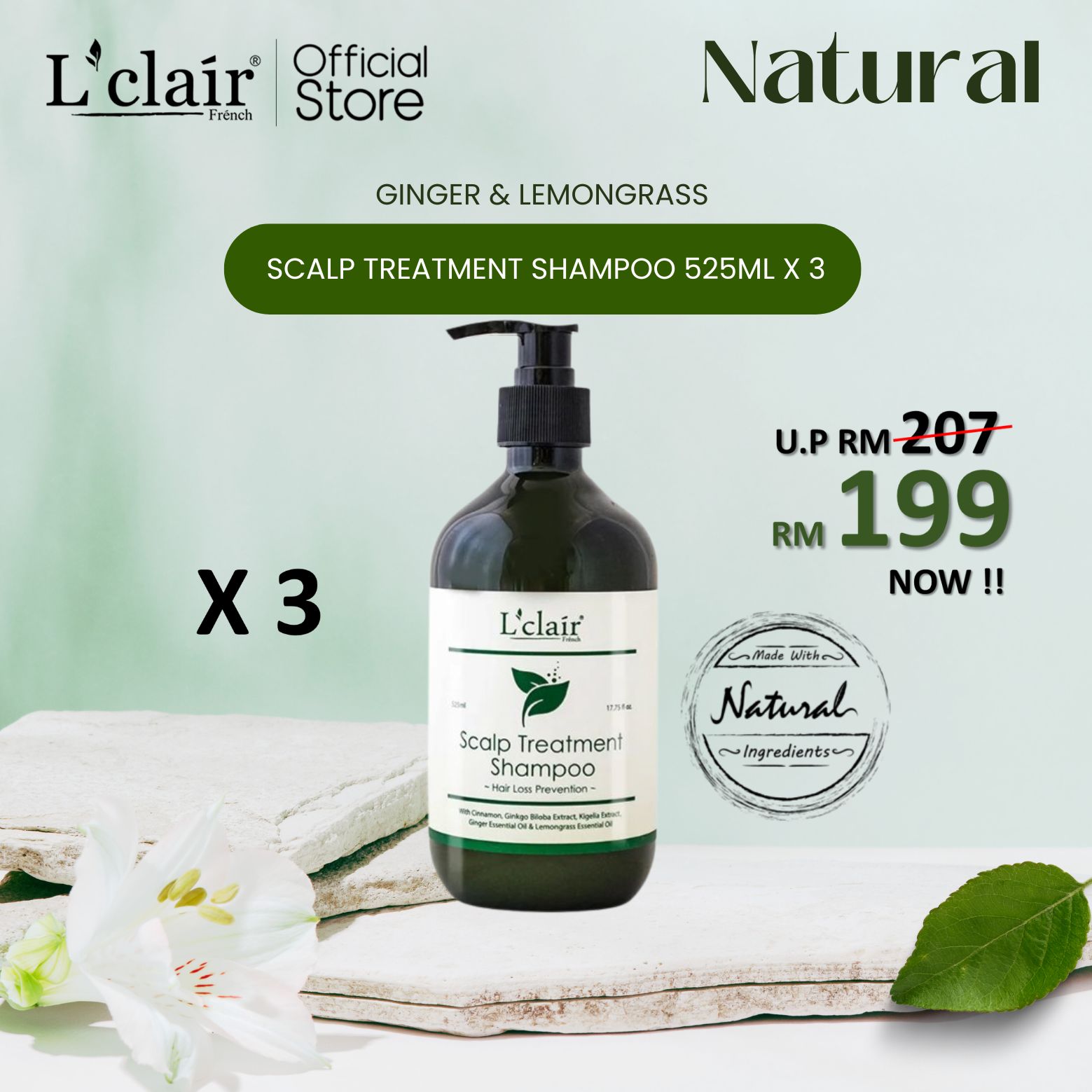 Lclair Scalp Treatment Volumizer Shampoo (3 x 525ml) - L'Clair Nature