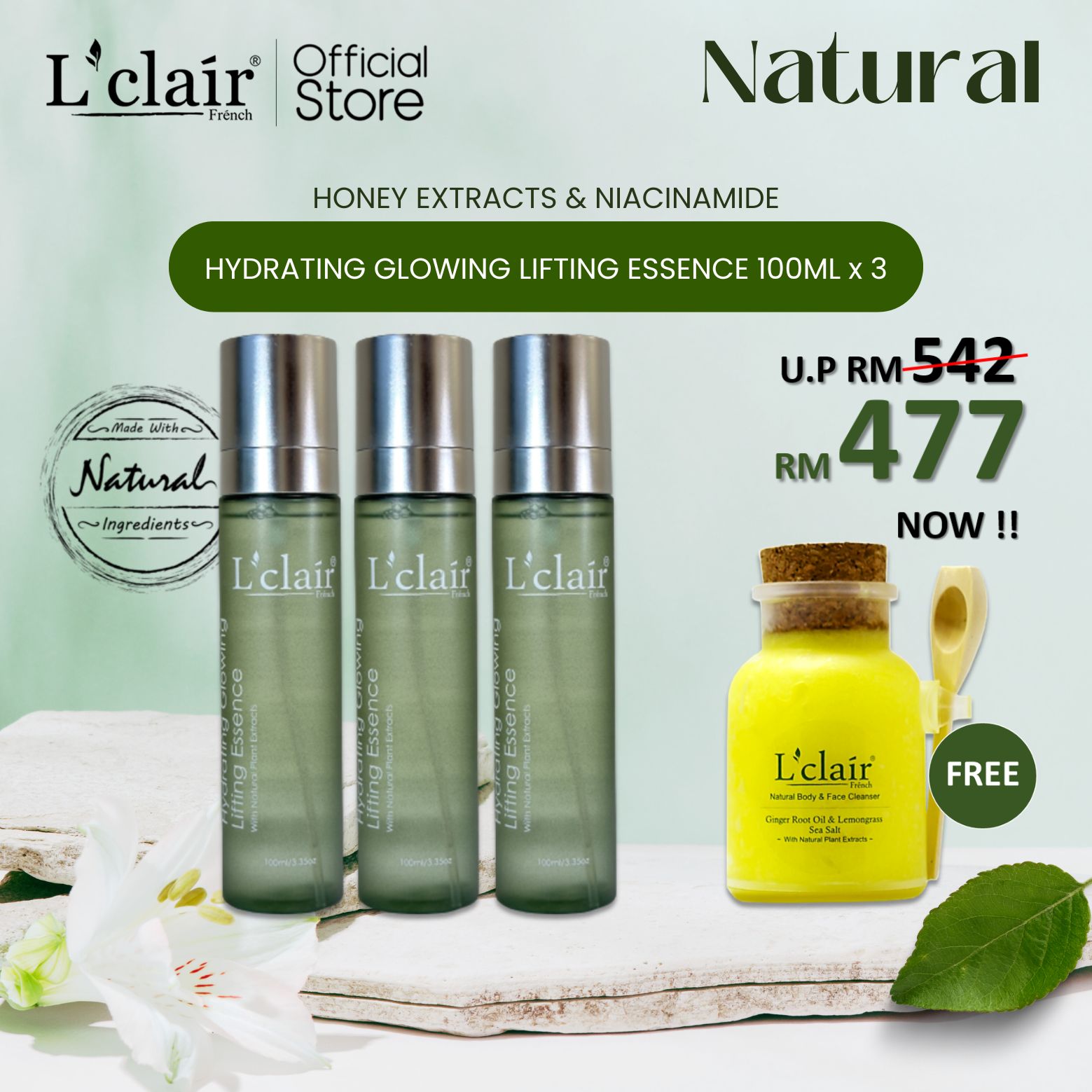 Lclair Hydrating Glowing Lifting Essence (3 x 100ml) [Free Sea Salt ...